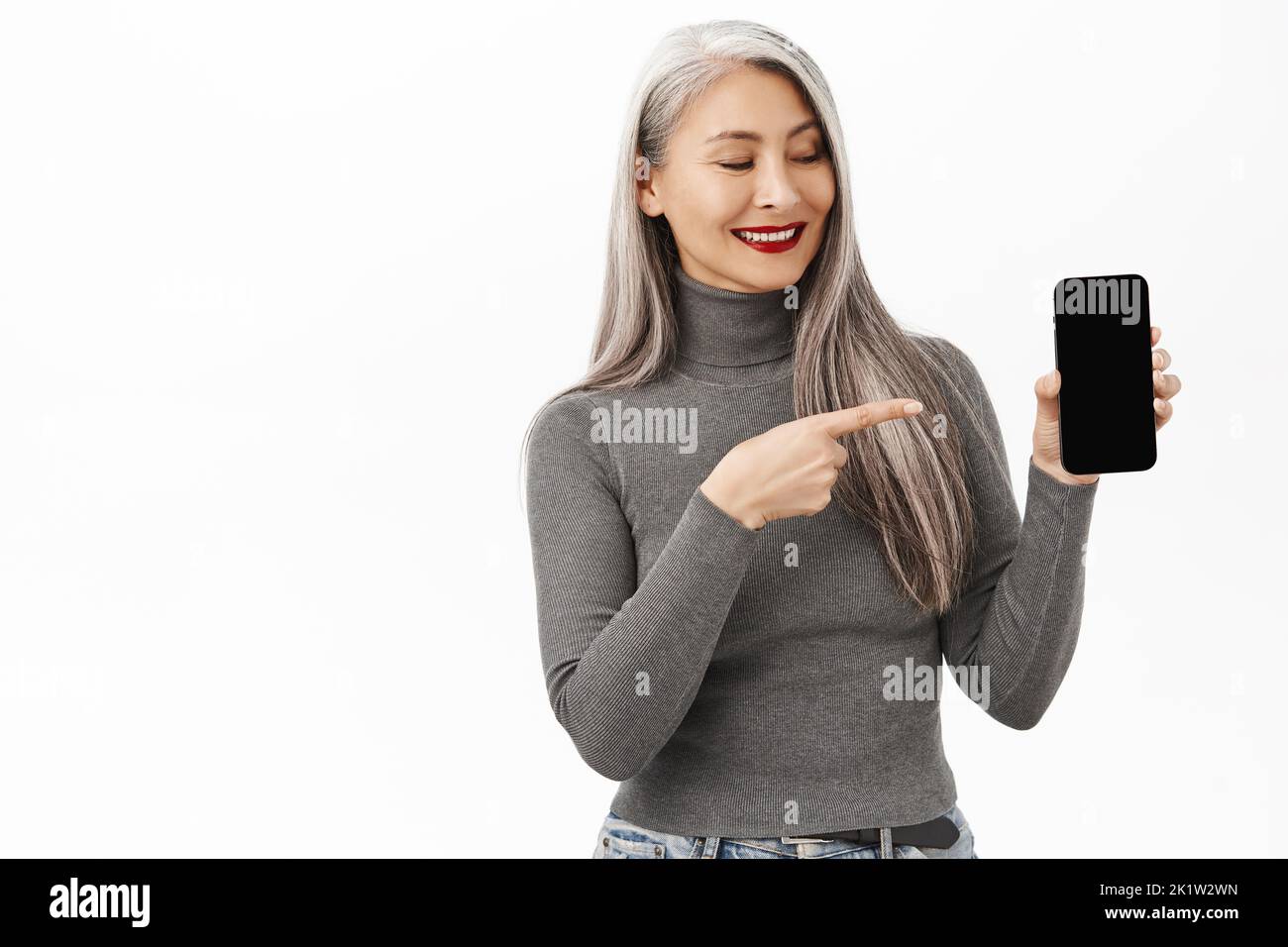 Portrait of happy korean senior woman, beautiful middle aged female ...