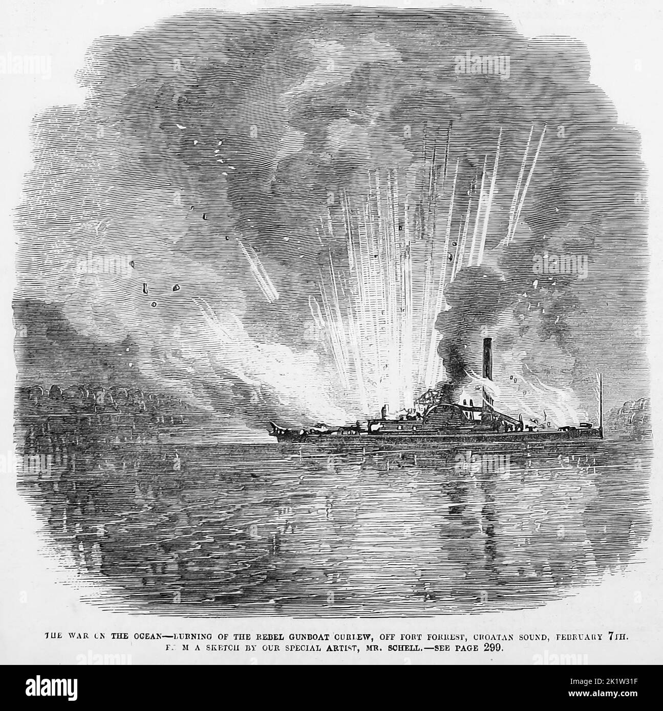 The War on the Ocean - Burning of the Rebel gunboat Curlew, off Fort ...