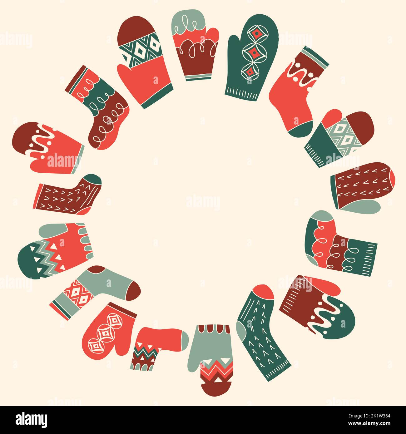 Colorful Retro Knitted Mittens and Socks Vector Round Frame Stock ...