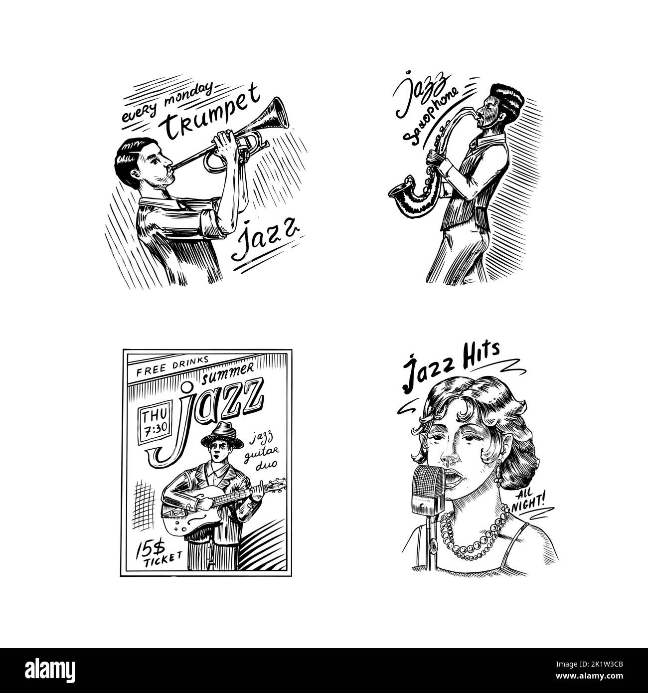 Woman jazz singer sings into a microphone Sketch. Afro American ...