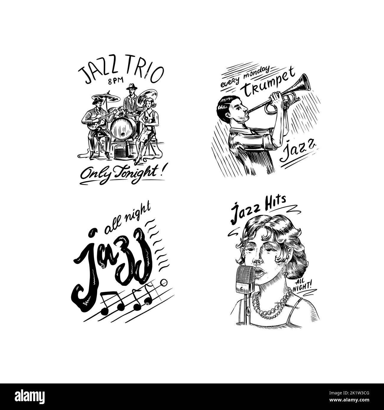 Woman jazz singer sings into a microphone Sketch. Afro American ...