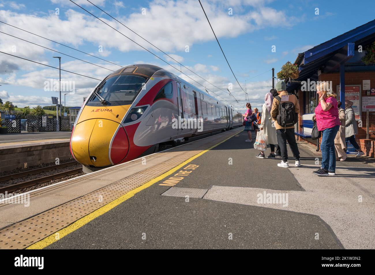 Azuma intercity electric train stopping at Alnmouth East Coast Main ...