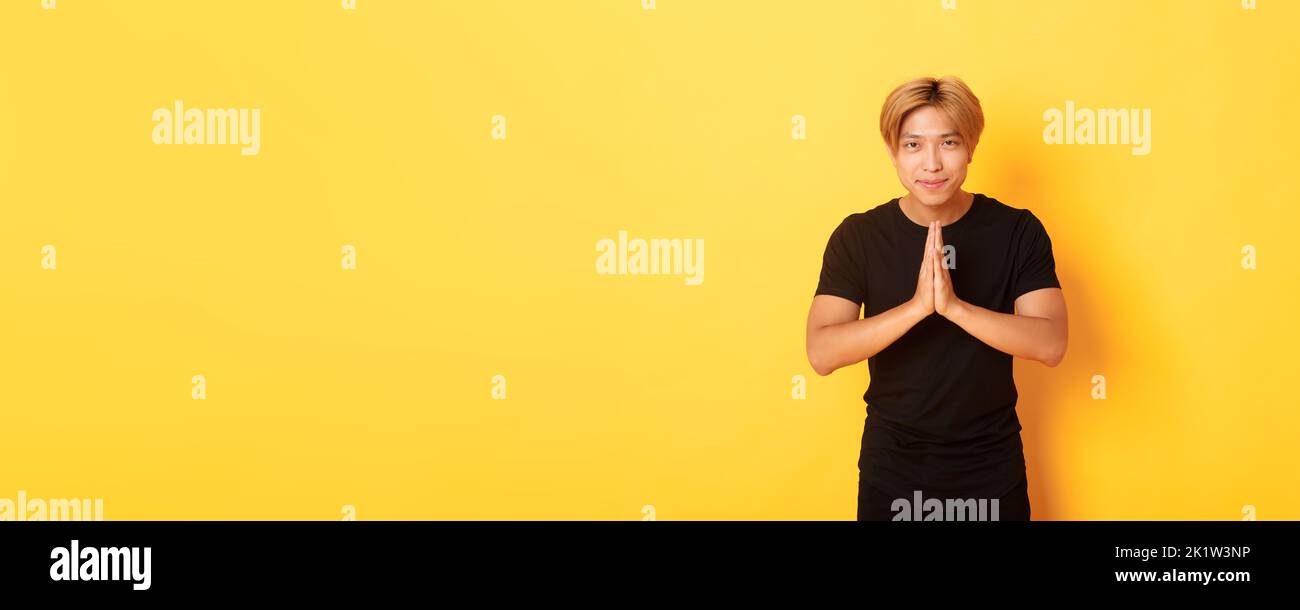 Portrait of friendly and polite asian blond guy, clasp hands together ...