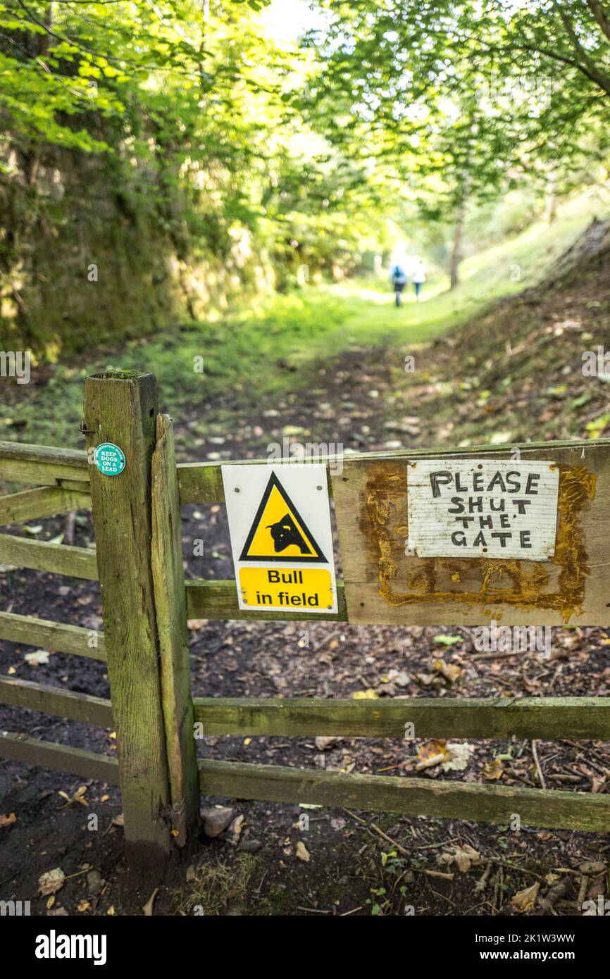 Signs and nitices, Bull in Field and Please Shut the Gate attached to a ...