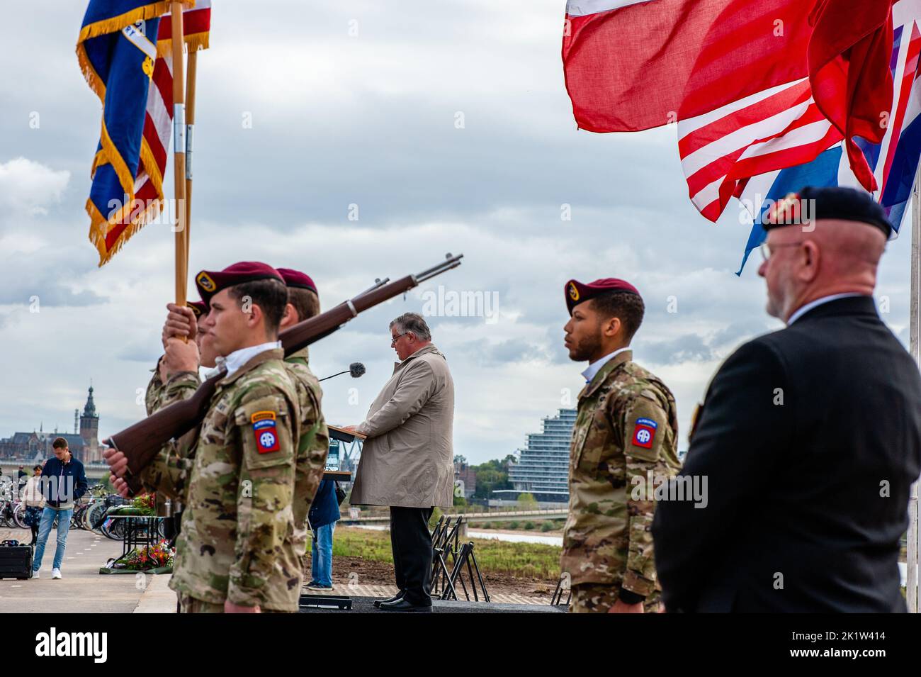 Mayor of Nijmegen, Hubert Bruls speaks during the commemoration ...