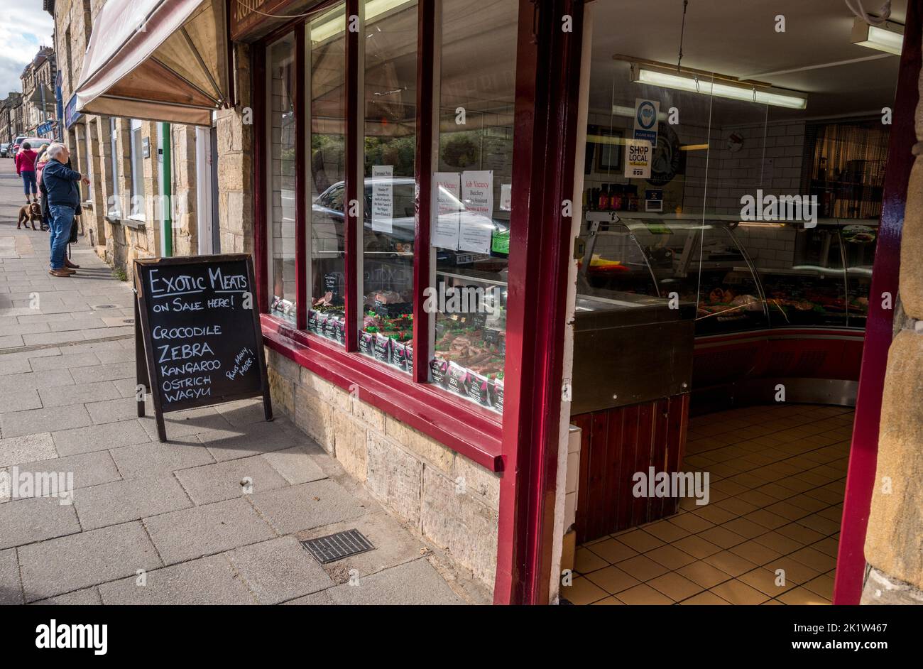 Sign outside a butchers shop in the small market town of Rothbury for ...