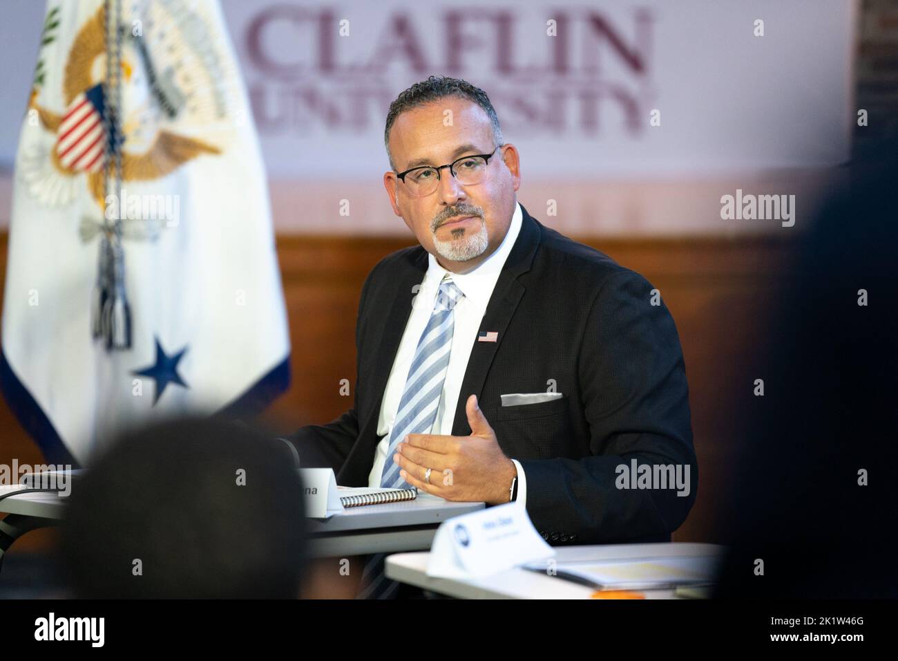 United States Secretary of Education Miguel Cardona speaks with student ...