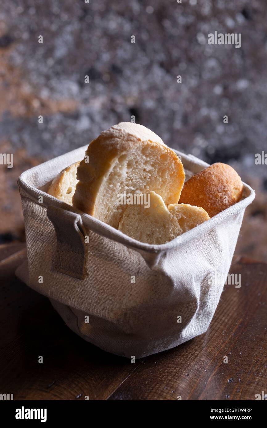 Basket of bread on a restaurant table (detail Stock Photo - Alamy