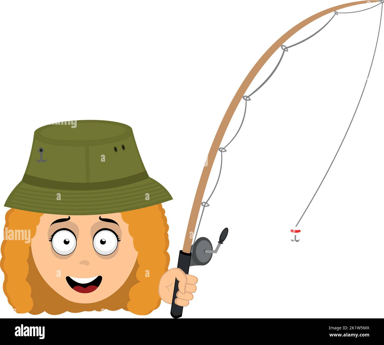 Vector illustration of a cartoon fisher woman with a hat and a fishing ...