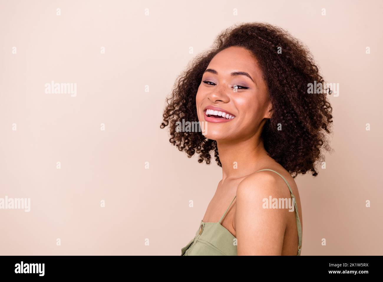 Profile side view portrait of pretty adorable lady girl nice hairdo ...
