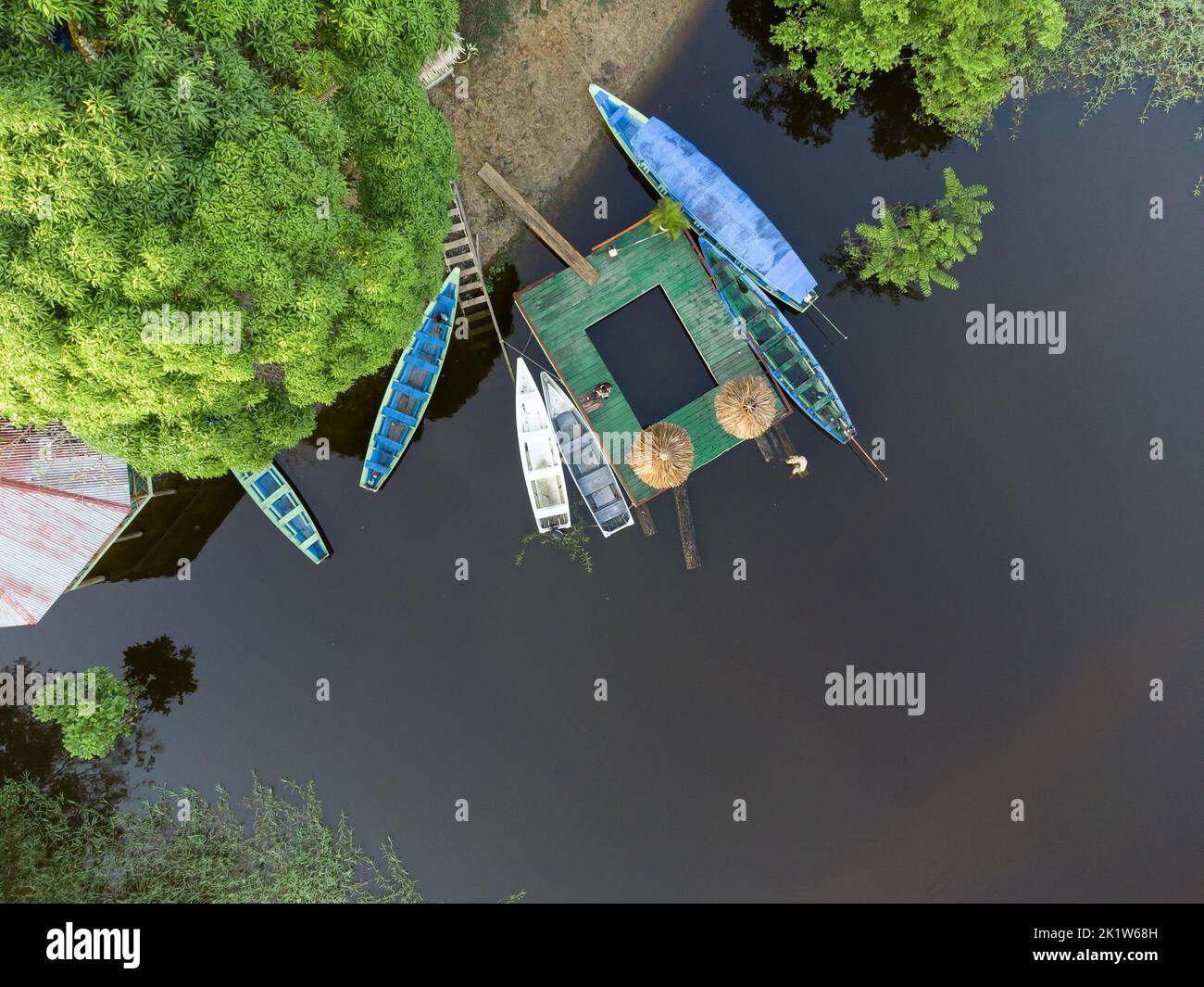 Aerial top view of a small wooden pier and some conoes in the amazon ...