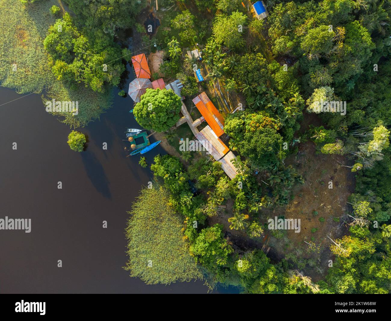 Aerial view of a local guest house in the amazon rainforest with a ...
