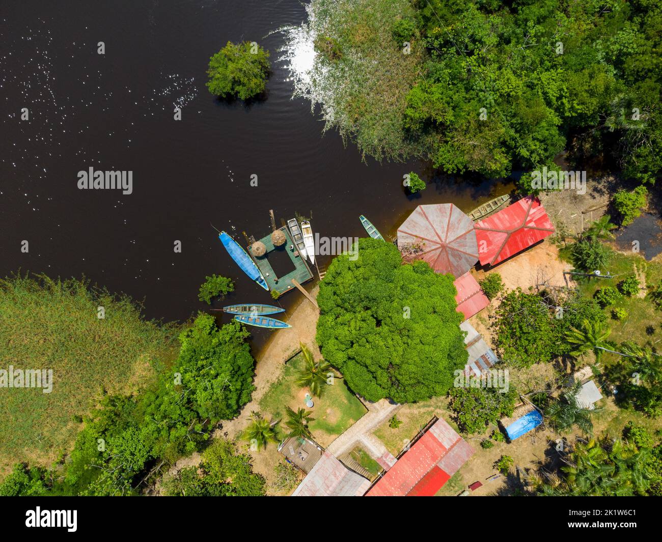 Aerial view of a local guest house in the amazon rainforest with a ...