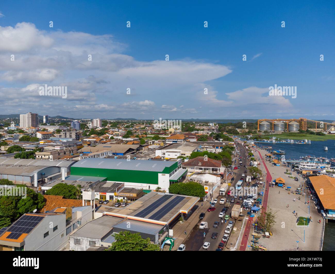 Aerial view of the coastline of the city of Santarèm in the state of ...