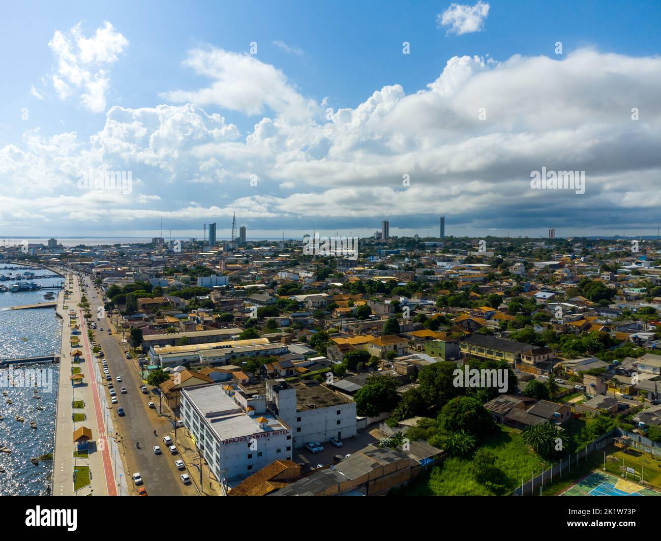 Aerial view of the coastline of the city of Santarèm in the state of ...