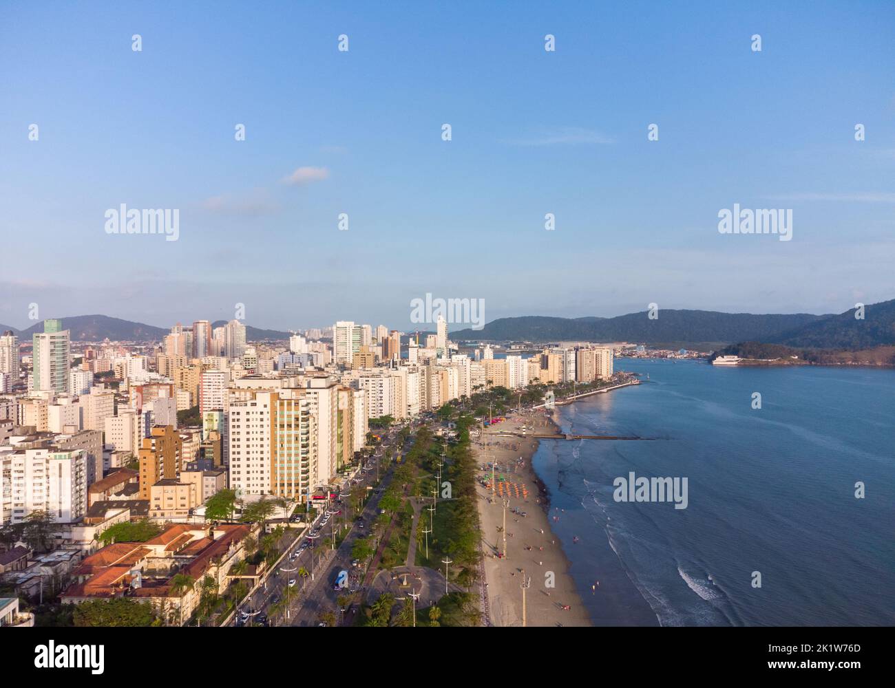 Aerial view of the waterfront to the ocean with its high buildings in ...