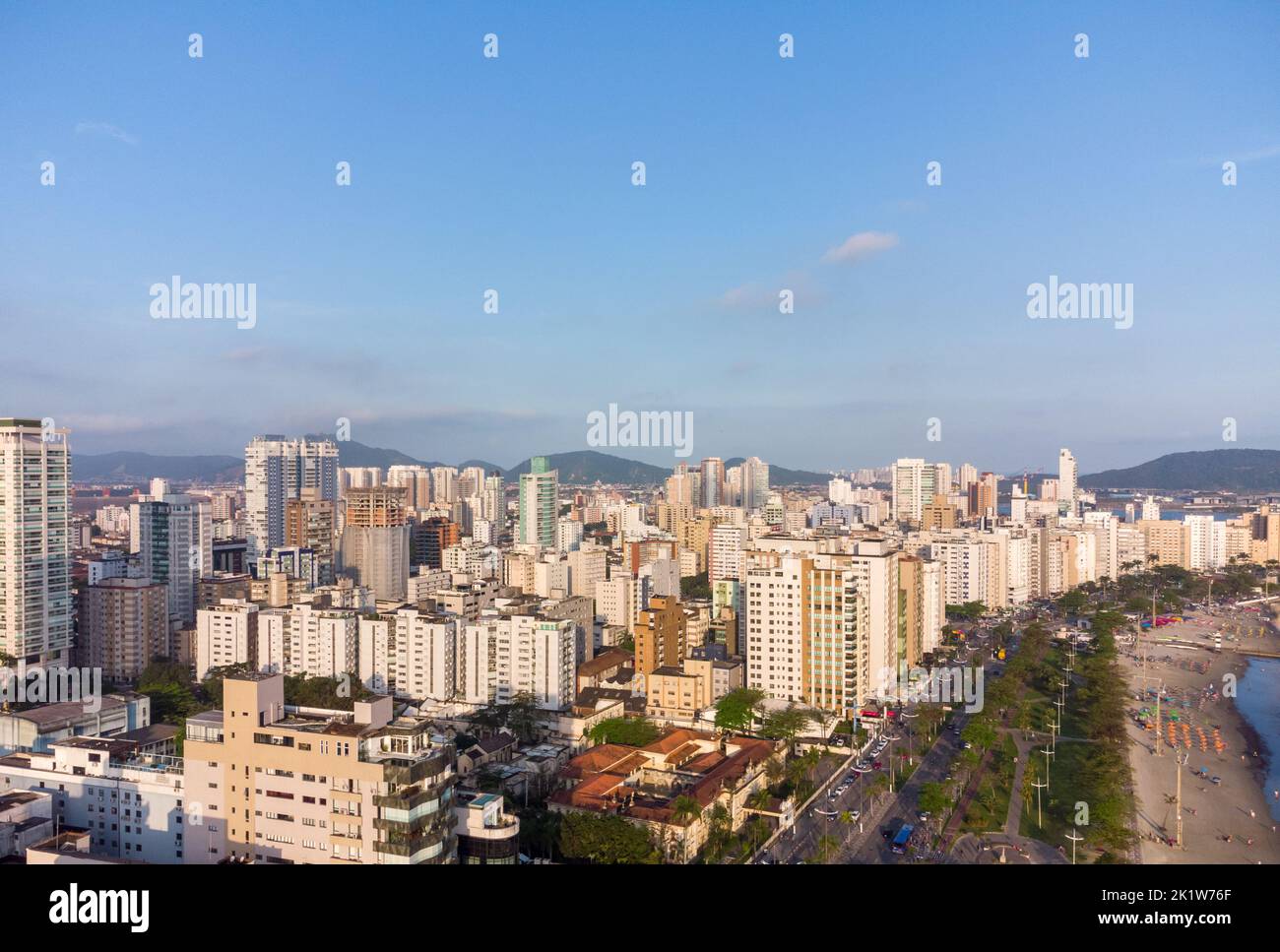 Aerial view of the waterfront to the ocean with its high buildings in ...