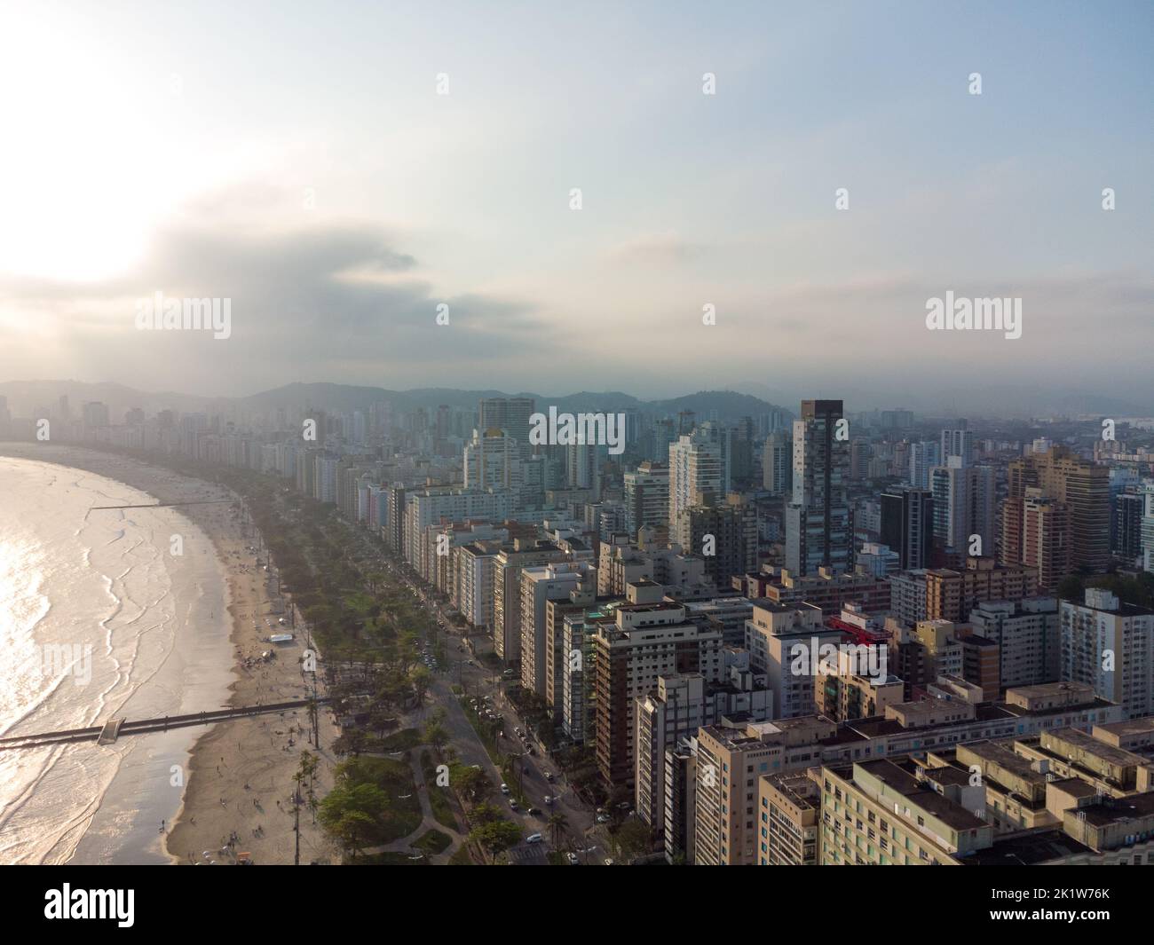 Aerial view of the waterfront to the ocean with its high buildings in ...