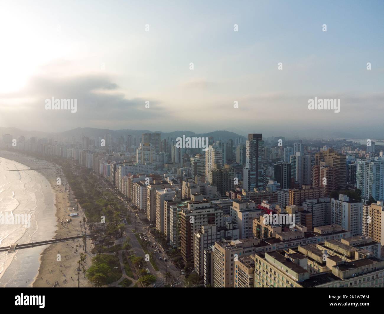 Aerial view of the waterfront to the ocean with its high buildings in ...