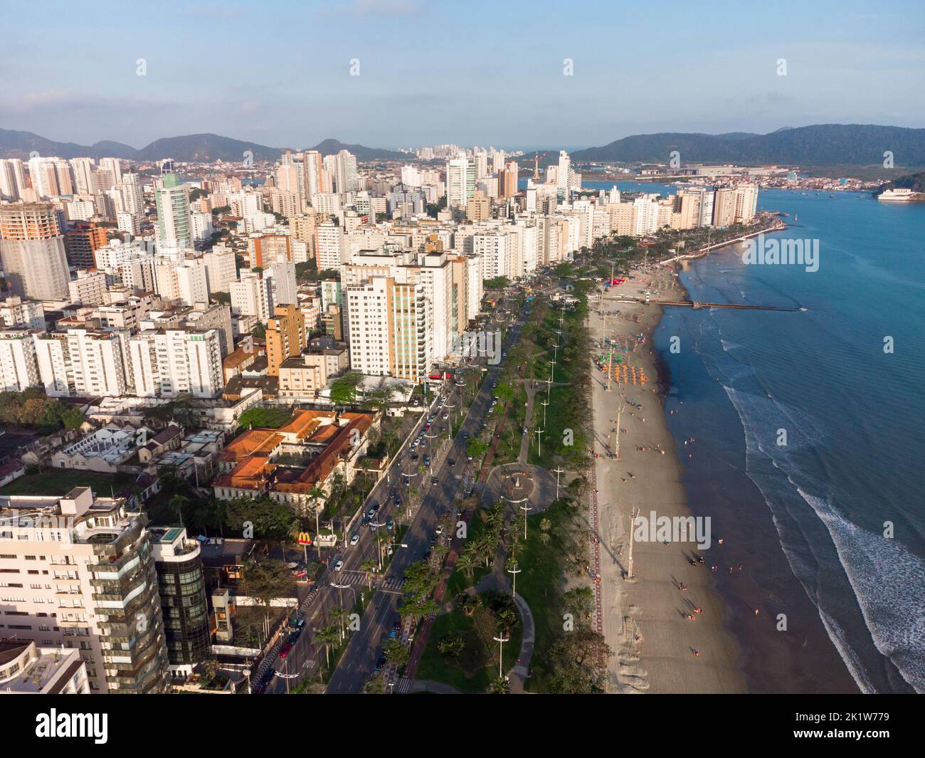 Aerial view of the waterfront to the ocean with its high buildings in ...