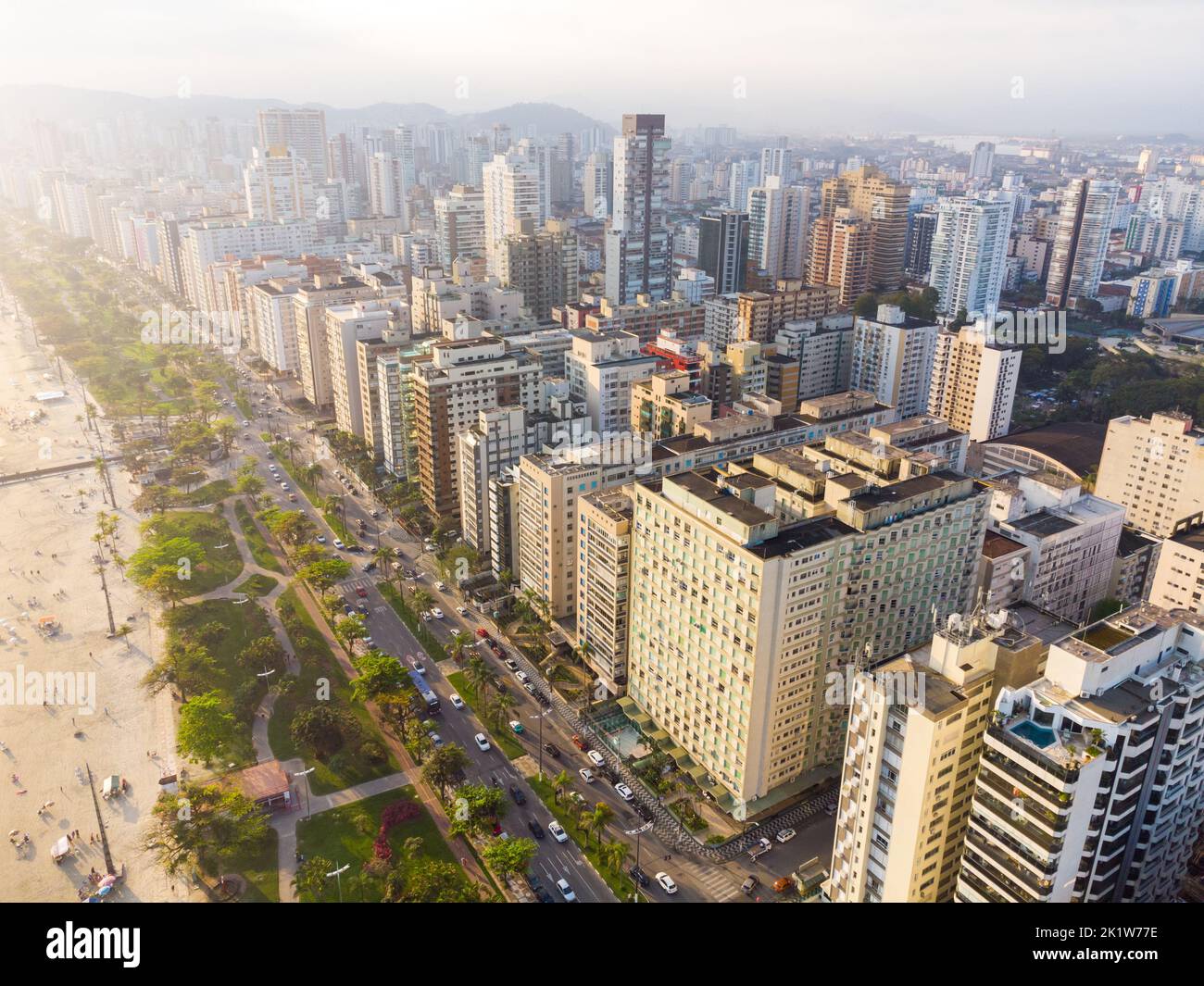 Aerial view of the waterfront to the ocean with its high buildings in ...