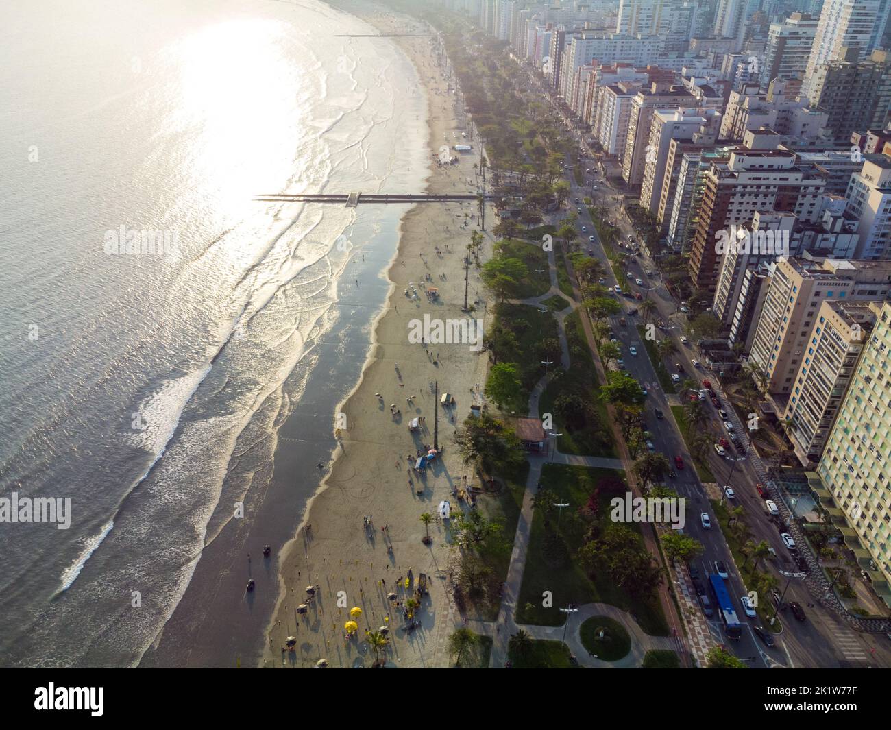 Aerial view of the waterfront to the ocean with its high buildings in ...