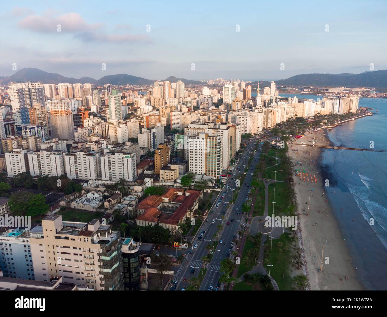 Aerial view of the waterfront to the ocean with its high buildings in ...