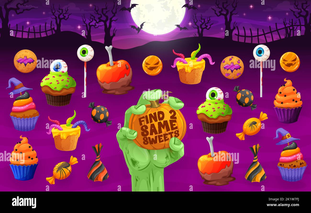 Find two same Halloween sweets, cookie and cakes. Objects compare kids ...