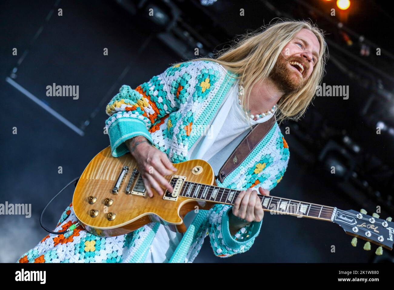 A closeup shot of Sam Ryder performing at Hatfield House, Hertfordshire ...