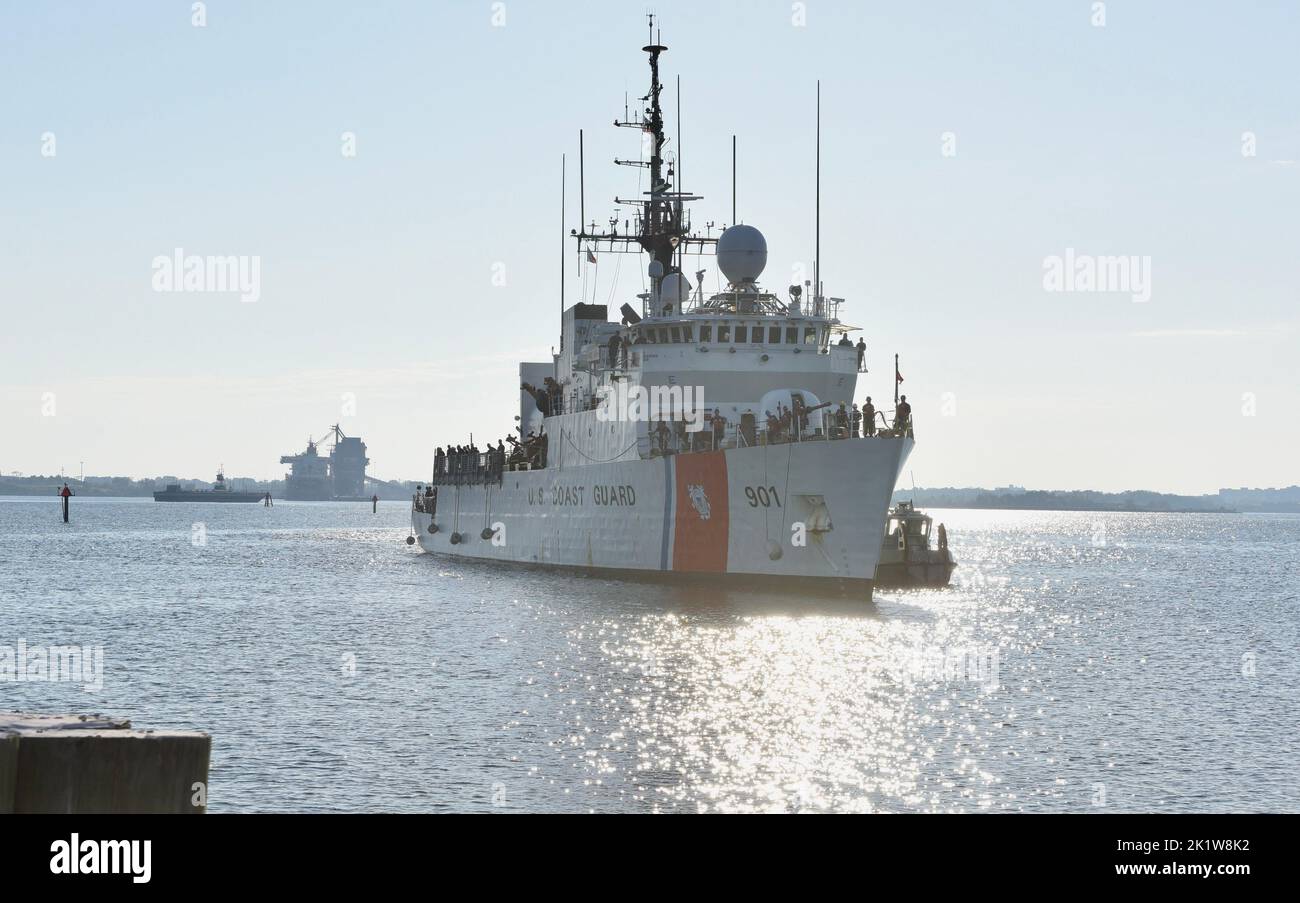 The USCGC Bear (WMEC 901) approaches the pier in Portsmouth, Virginia ...