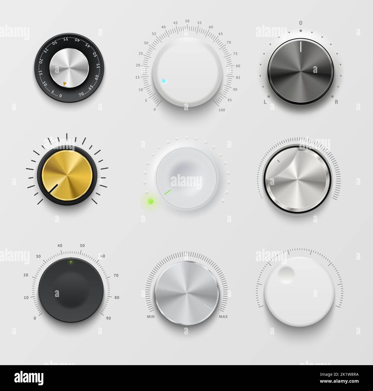 Music and sound volume knob button. 3d vector round metallic tuners ... Music and sound volume knob button. 3d vector round metallic tuners ...