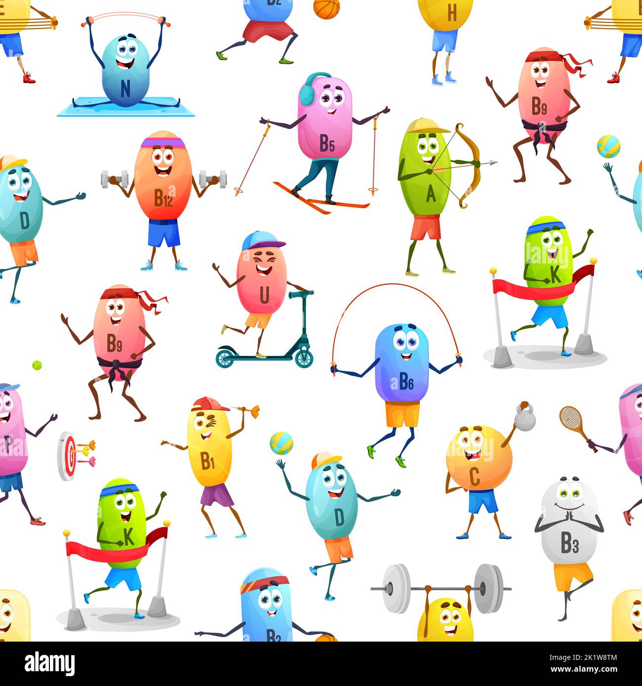 Cartoon vitamin characters seamless pattern. Wrapping paper decoration ...