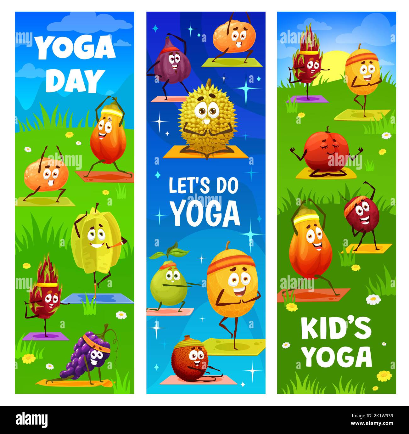 Kids yoga, yoga day and pilates fitness with cartoon tropical fruits ...