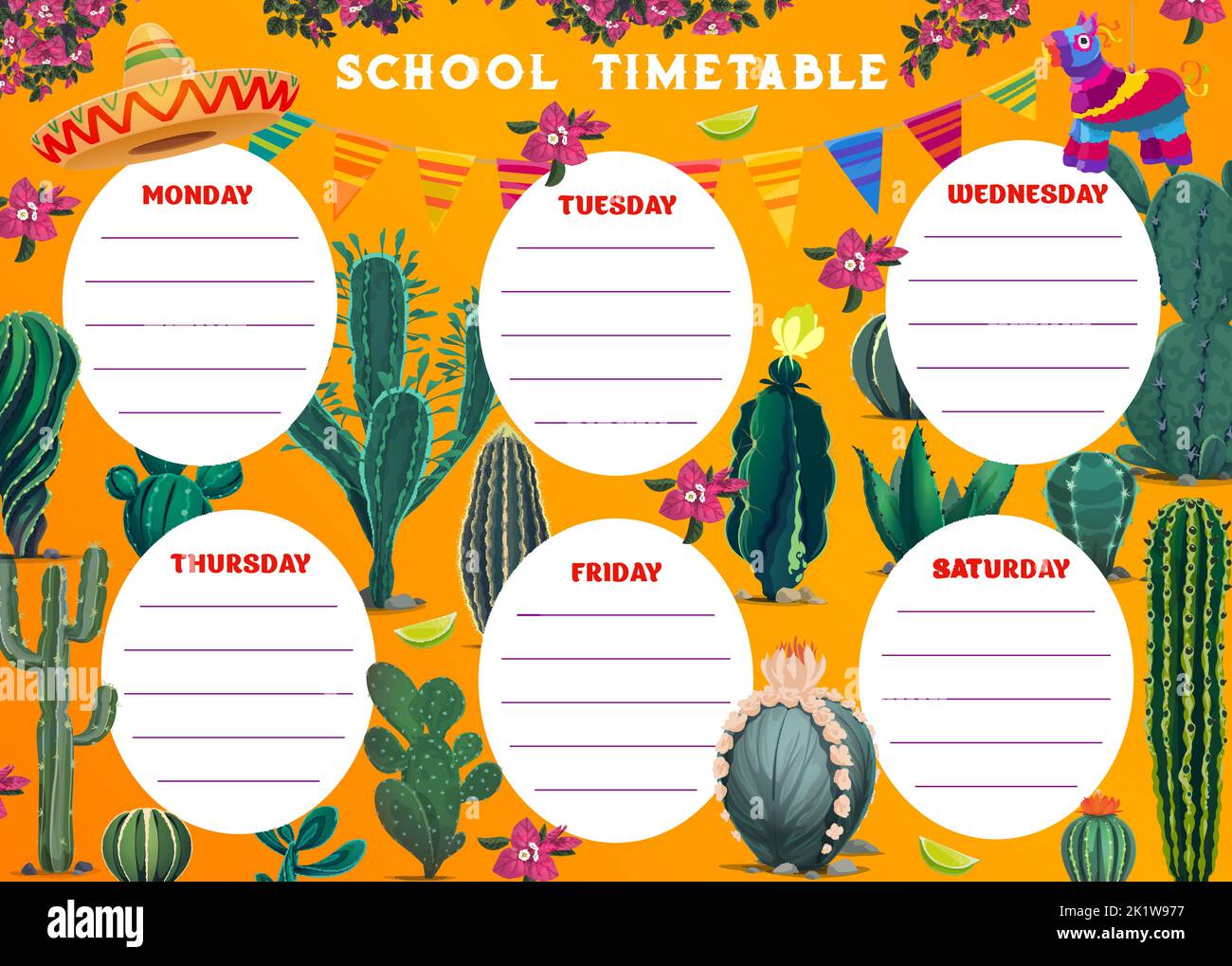 Education timetable schedule with Mexican cactuses, cartoon pinata and ...