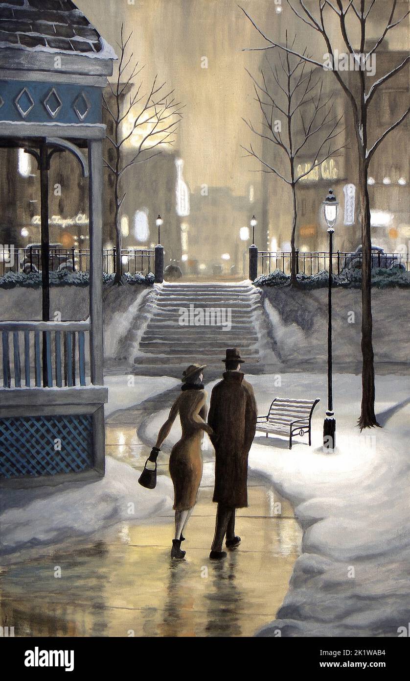 Romantic vintage 1930s scene of a couple walking through a sunken park ...