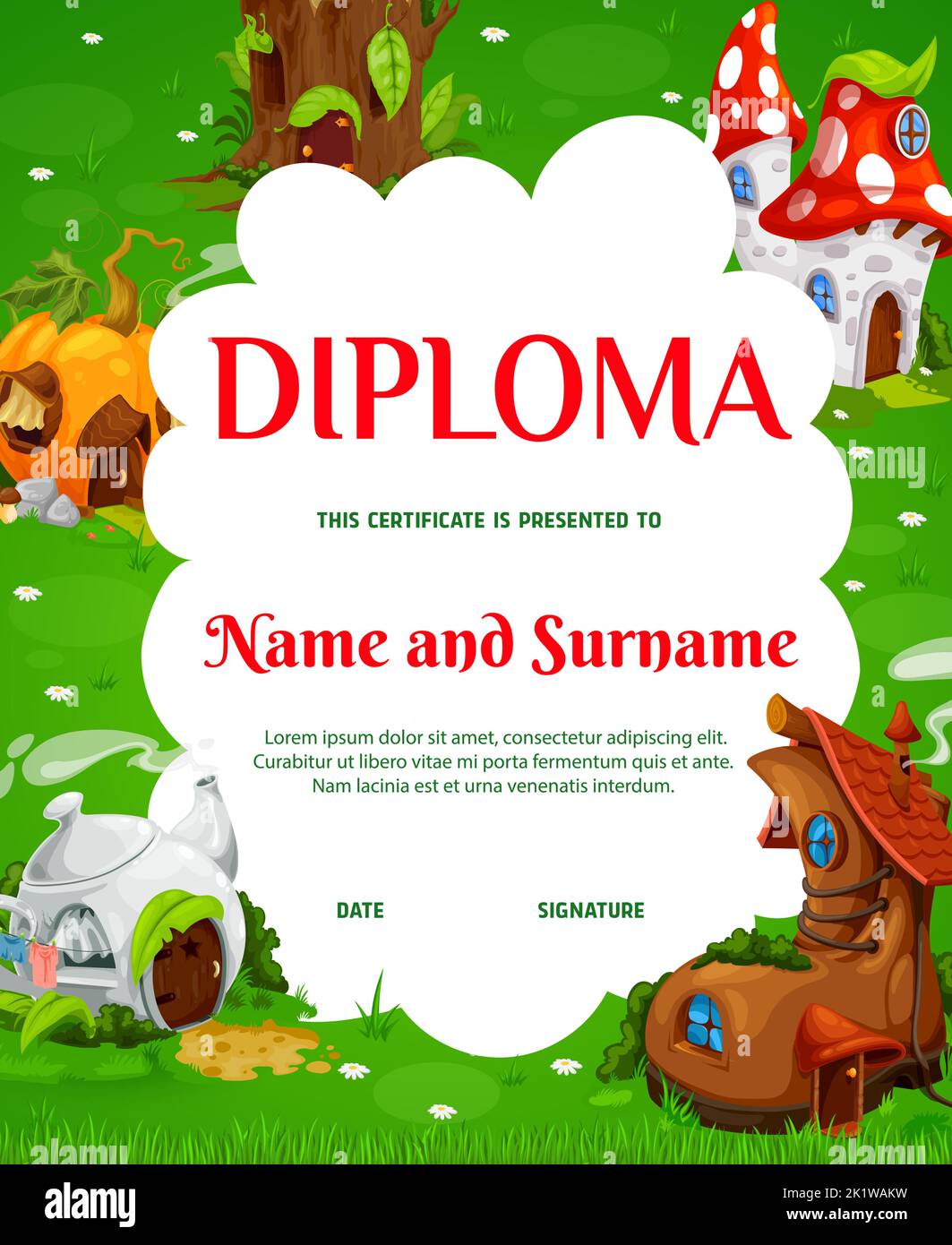 Kids vertical diploma, cartoon pumpkin, mushroom, oak tree, boot and ...