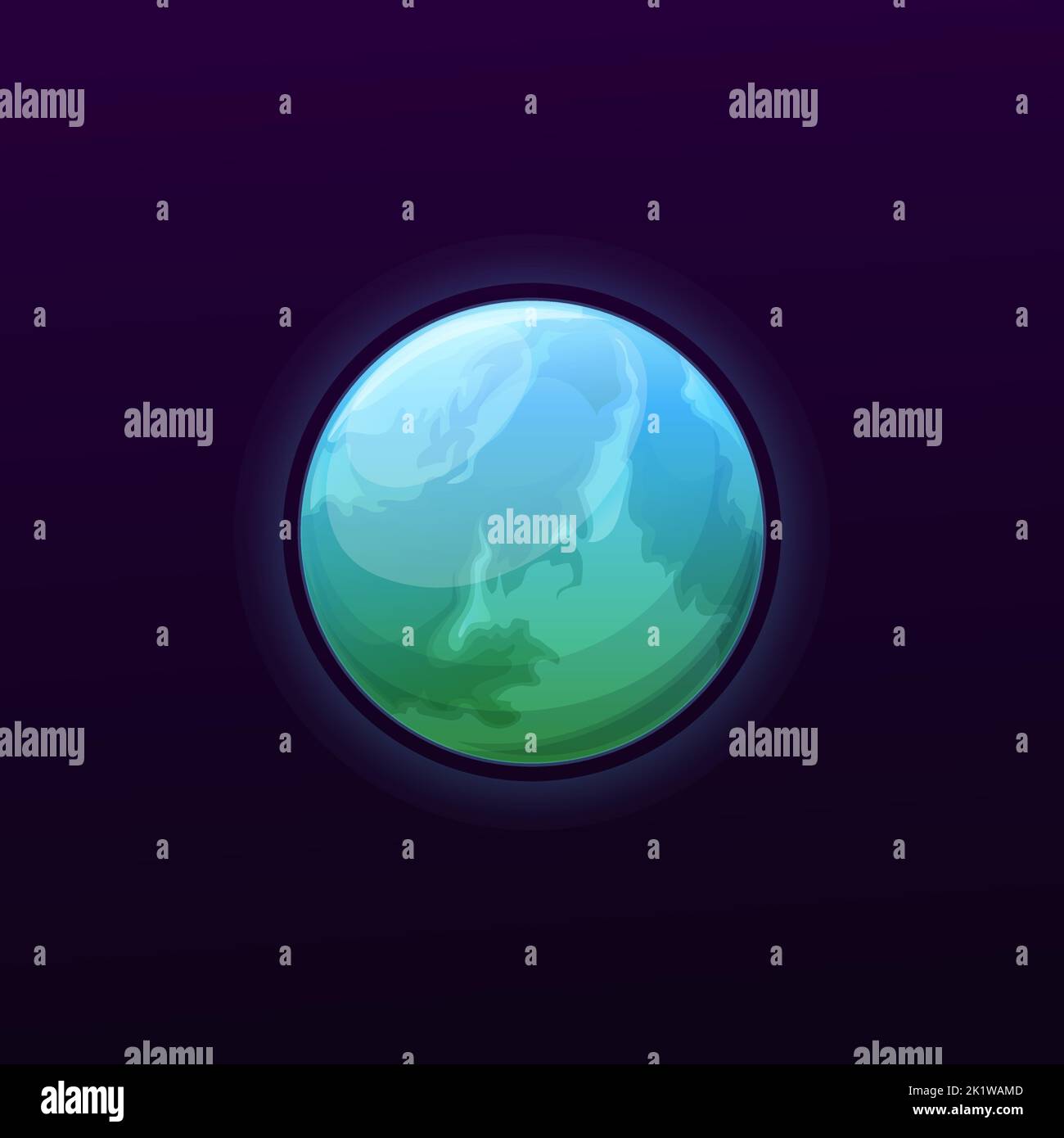 Green and blue space planet, vector galaxy globe, glowing sphere in far Universe. Ui game ...