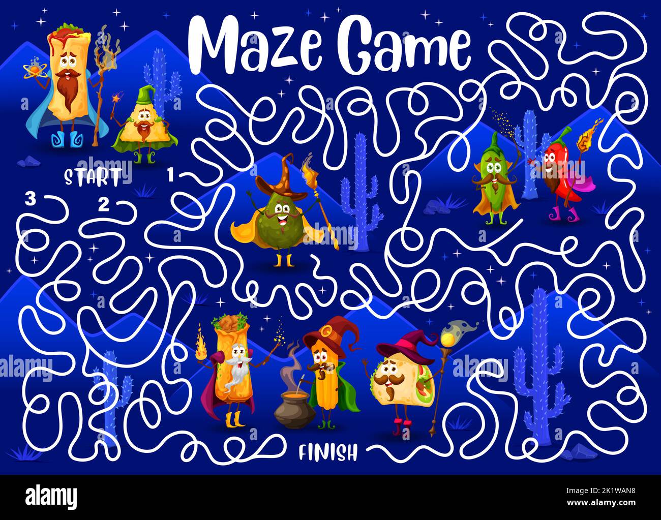 Labyrinth maze Tex Mex Mexican food wizard characters, vector puzzle ...