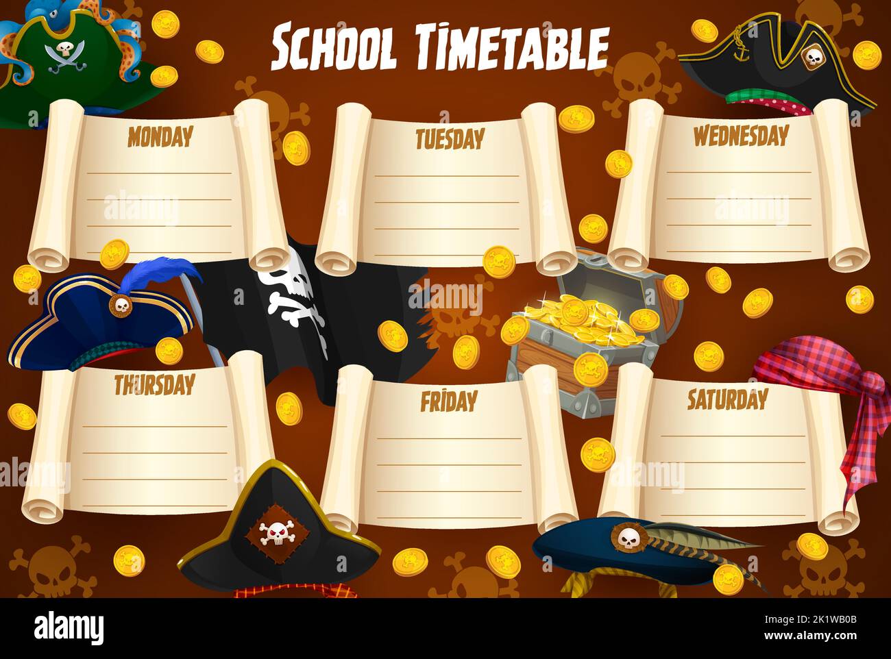 Pirate tricorn, cocked hats, flag and golden chest education timetable ...