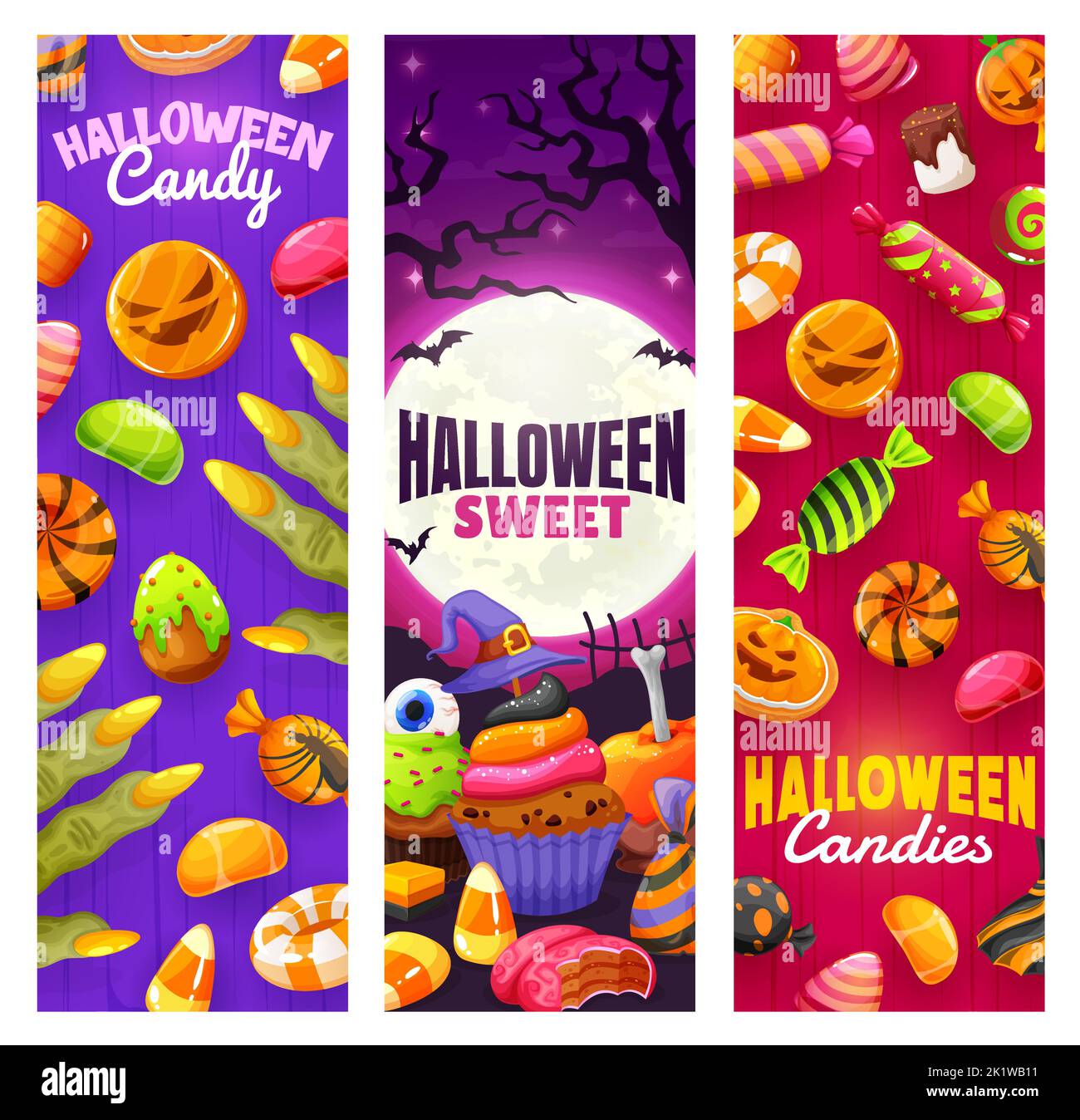Cartoon Halloween candies, sweets and desserts. Halloween holiday party ...