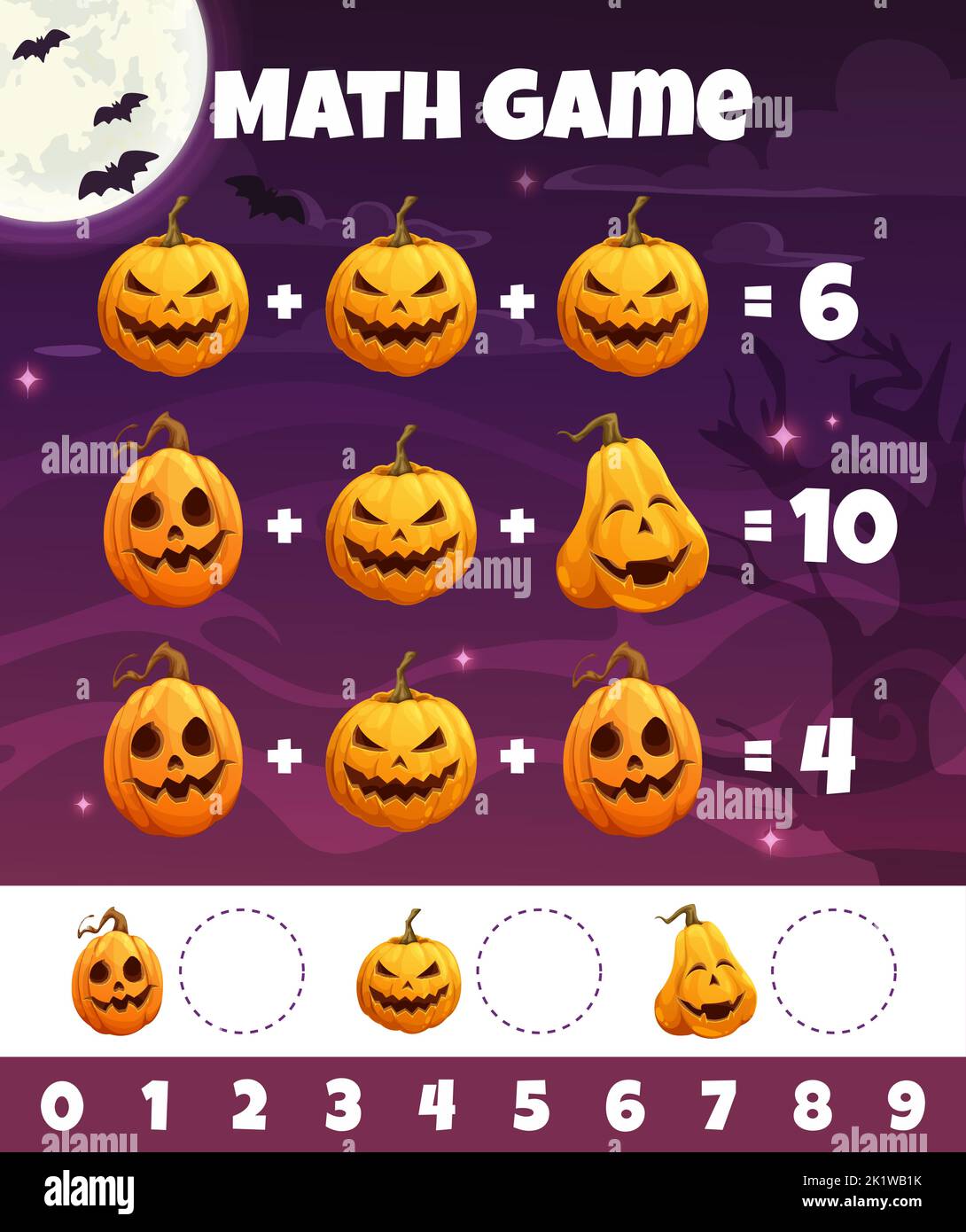 Cartoon Halloween pumpkin lanterns. Math game worksheet. Kids ...