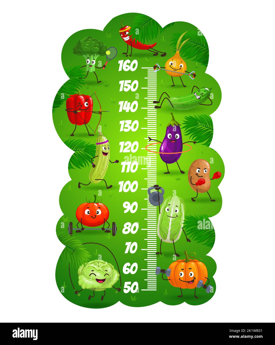 Cartoon vegetables compete in sports, vector kids height chart, growth ...
