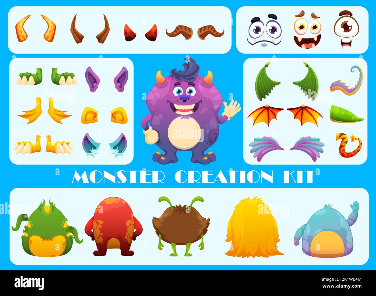 Monster creation kit. Cartoon monster character constructor. Vector faces, arms, legs, ears and ...