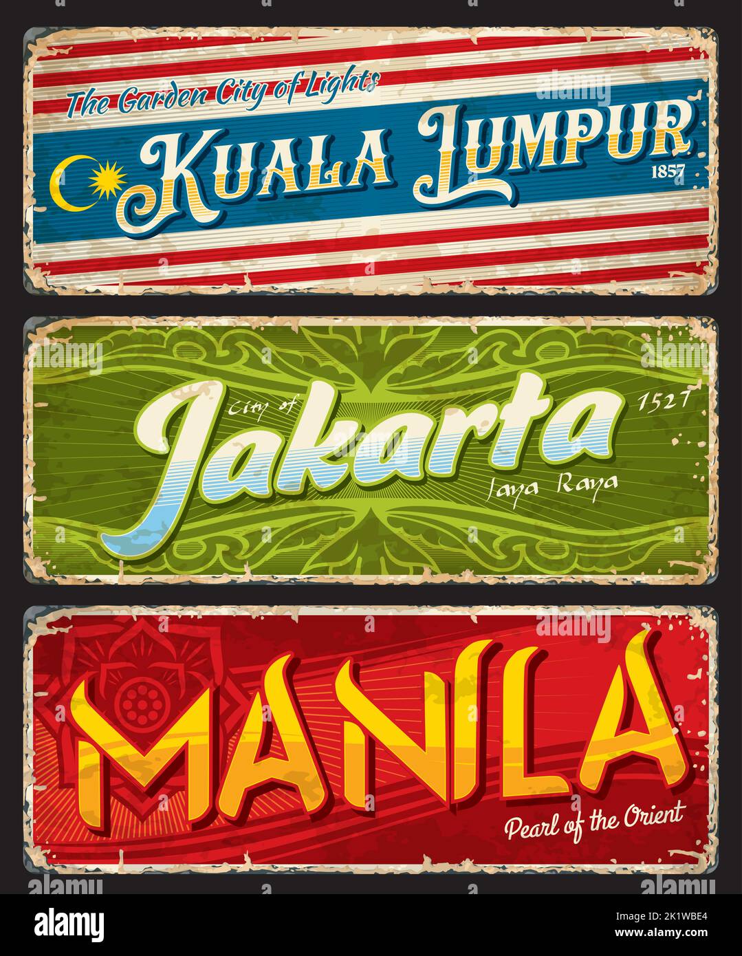 Jakarta, Kuala Lumpur, Manila city travel stickers, vector vintage ...