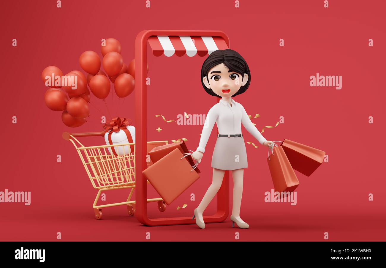 Cartoon girl with shopping cart, 3d rendering. Computer digital drawing ...