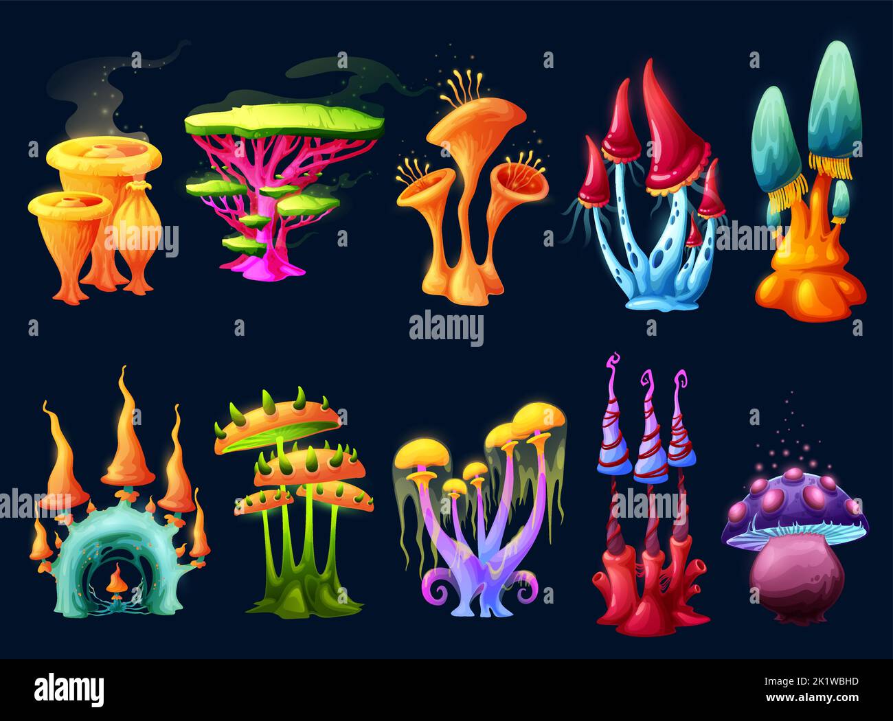 Fantasy magic cartoon mushrooms, vector design of alien forest plants ...