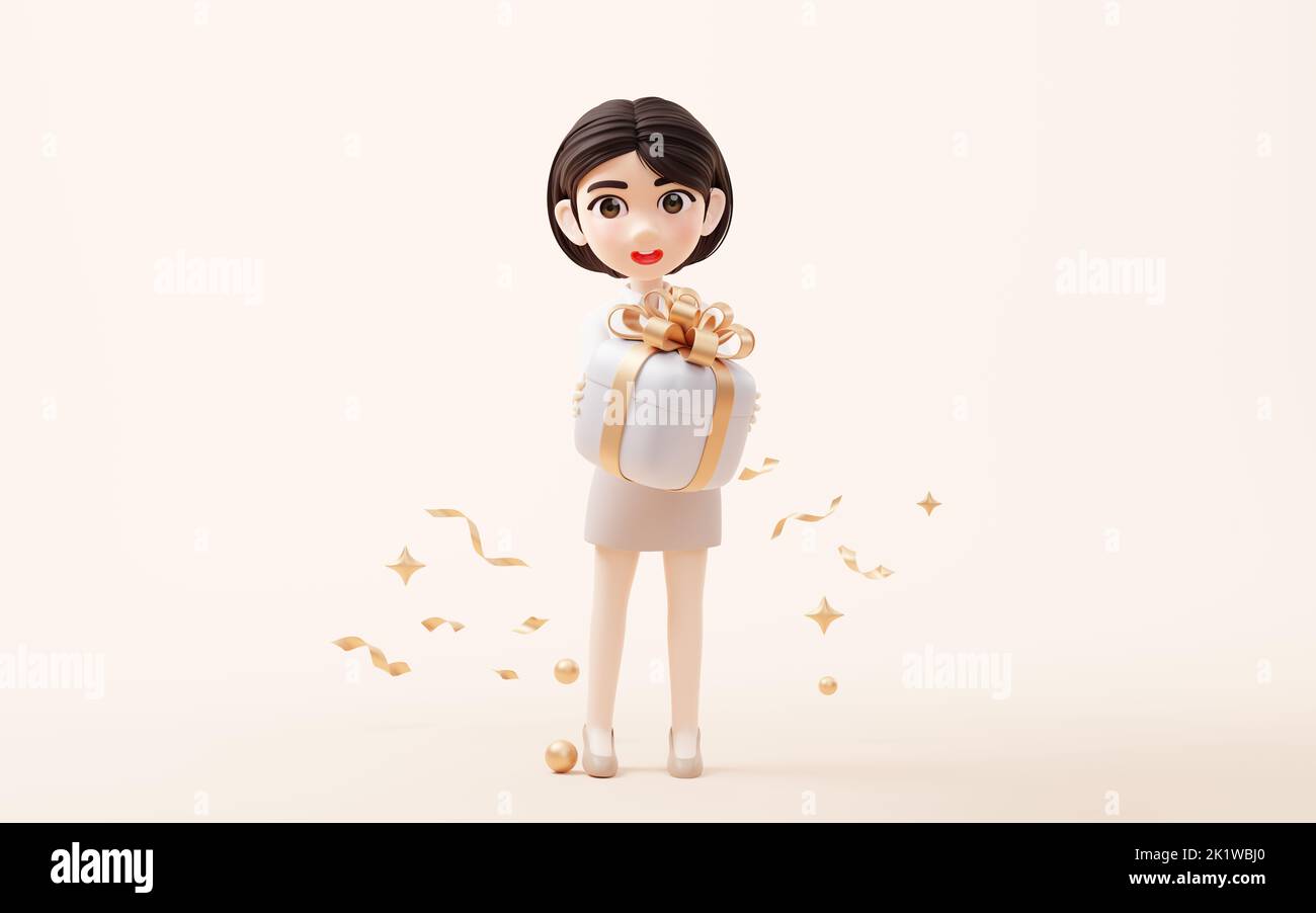 Cartoon girl with gift box, 3d rendering. Computer digital drawing ...
