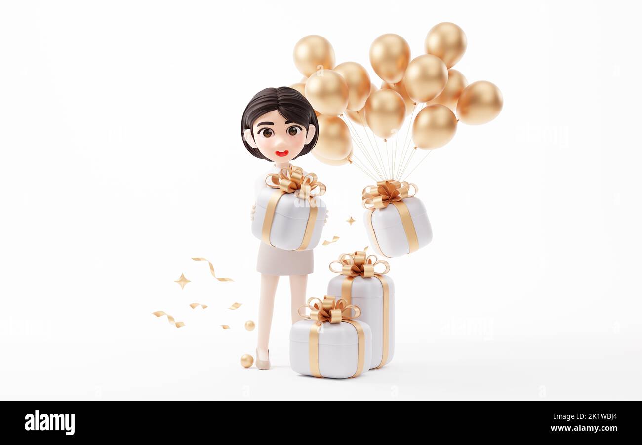 Cartoon girl with gift box, 3d rendering. Computer digital drawing ...