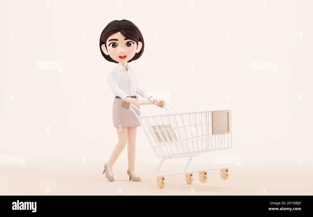 Cartoon girl with shopping cart, 3d rendering. Computer digital drawing ...