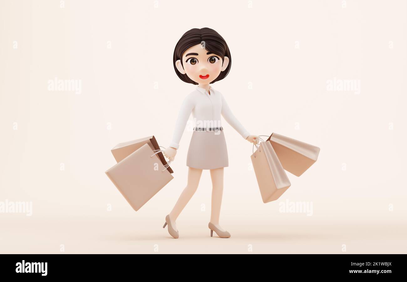 Cartoon girl with shopping bags in hand, 3d rendering. Computer digital ...
